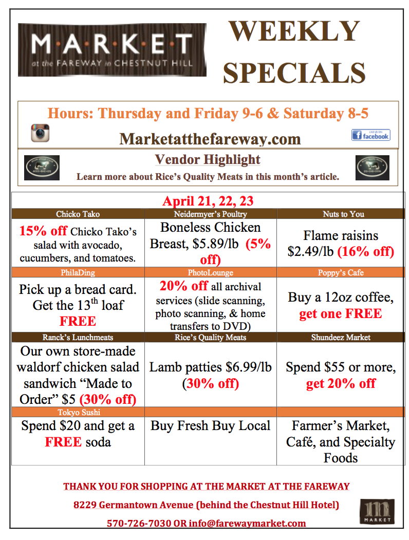 MARKET at the FAREWAY in Chestnut Hill Weekly Specials April 21, 22, 23 ...